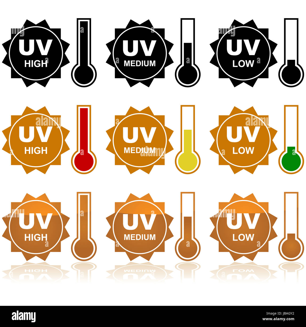 Icon set showing the sun and different levels of the UV Index Stock ...