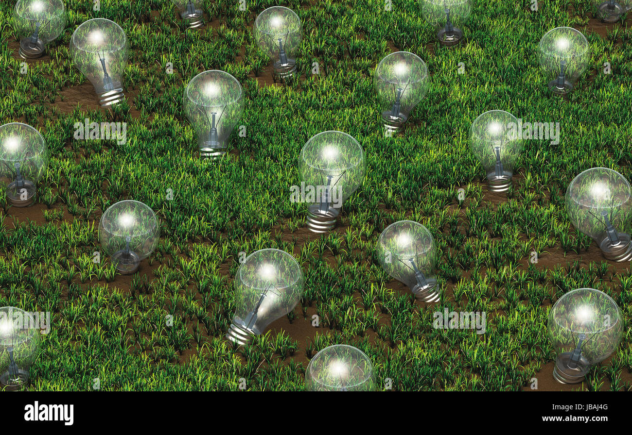 some unlit light bulbs with different size are growing as ideas on a ...