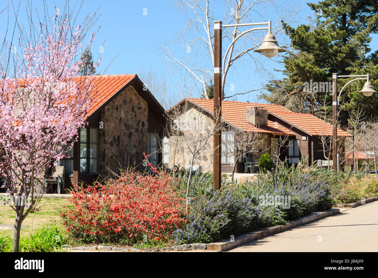 Guest apartments houses in the spring blooming rural area Stock Photo ...