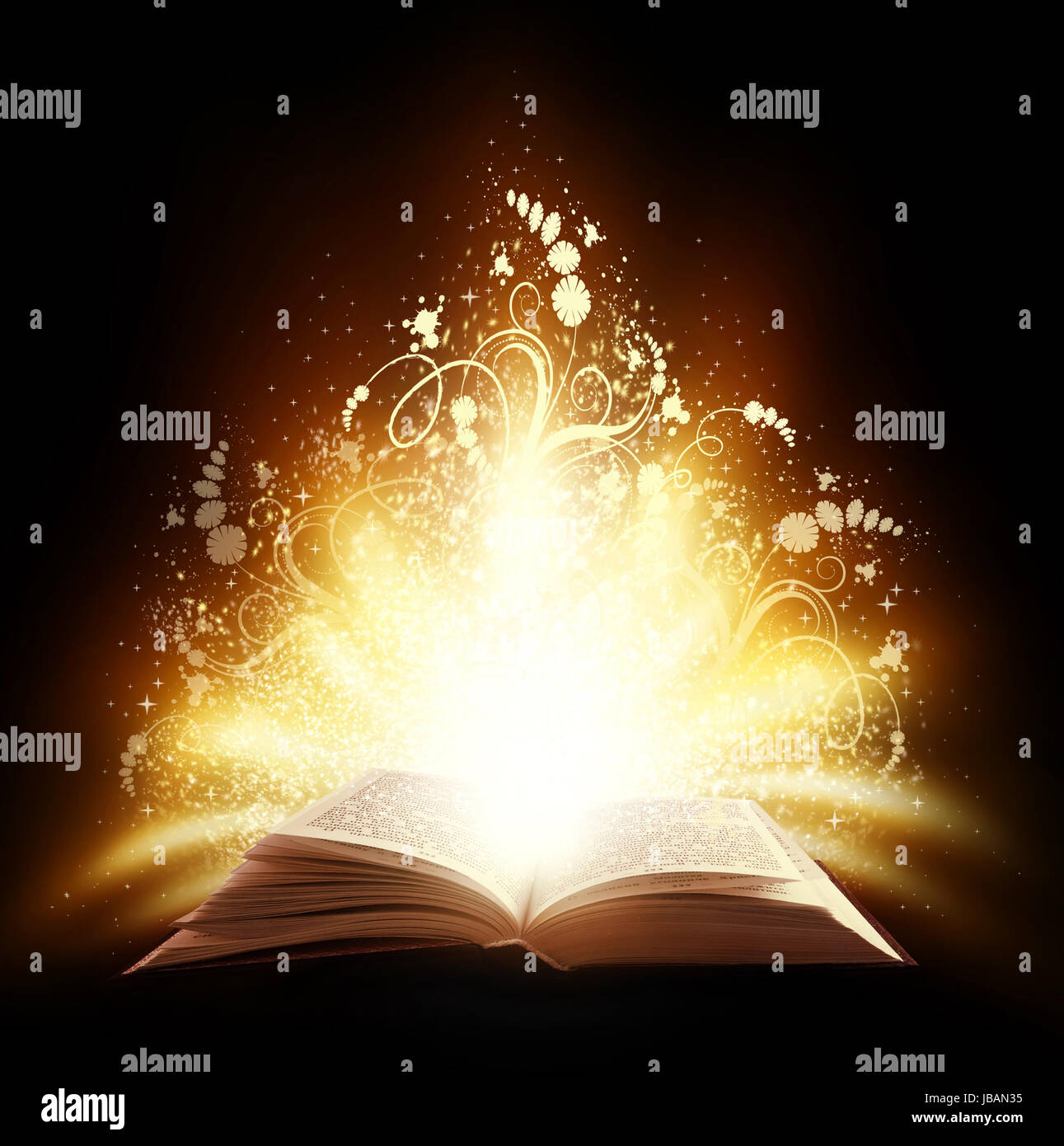 Magic open book with light and ornate on a black background Stock Photo ...