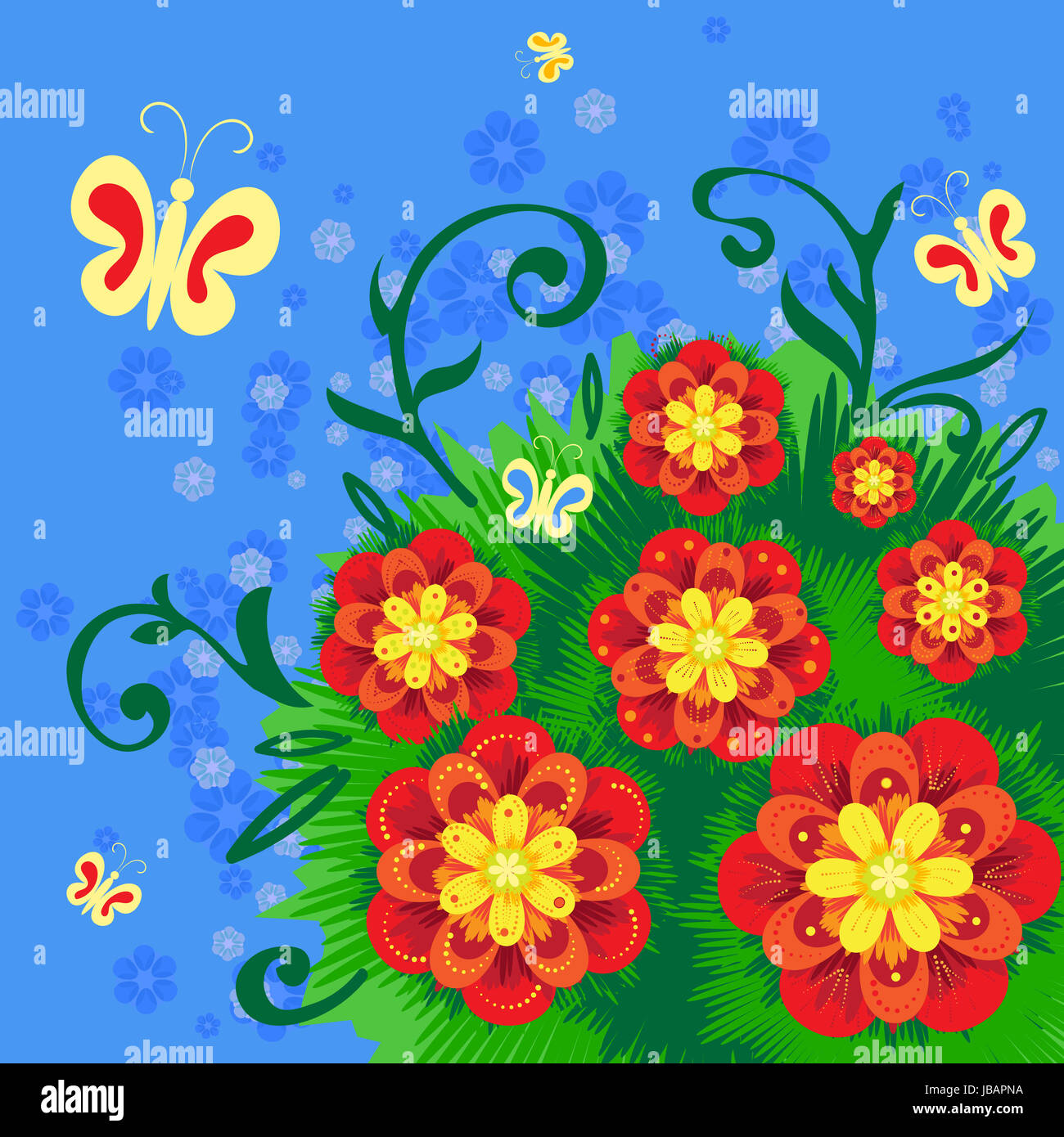 Abstract flower background with flowers and butterflies Stock Photo - Alamy