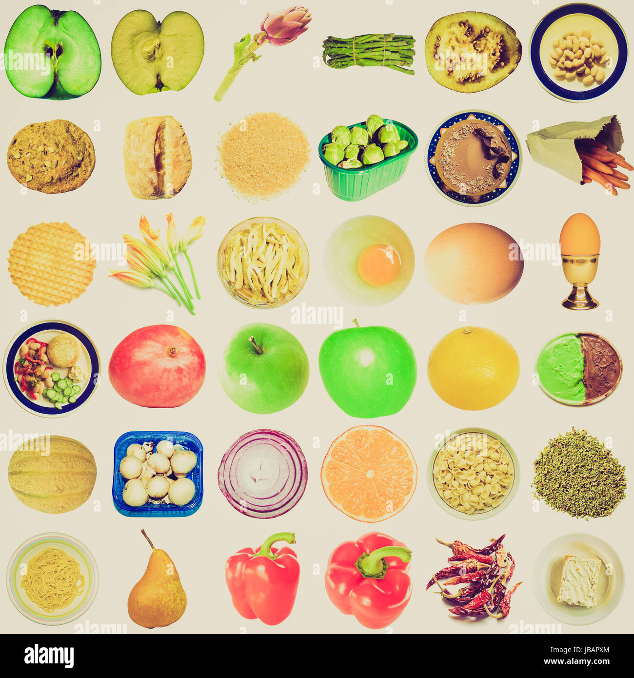 Vintage retro looking Collage of food isolated over white background ...