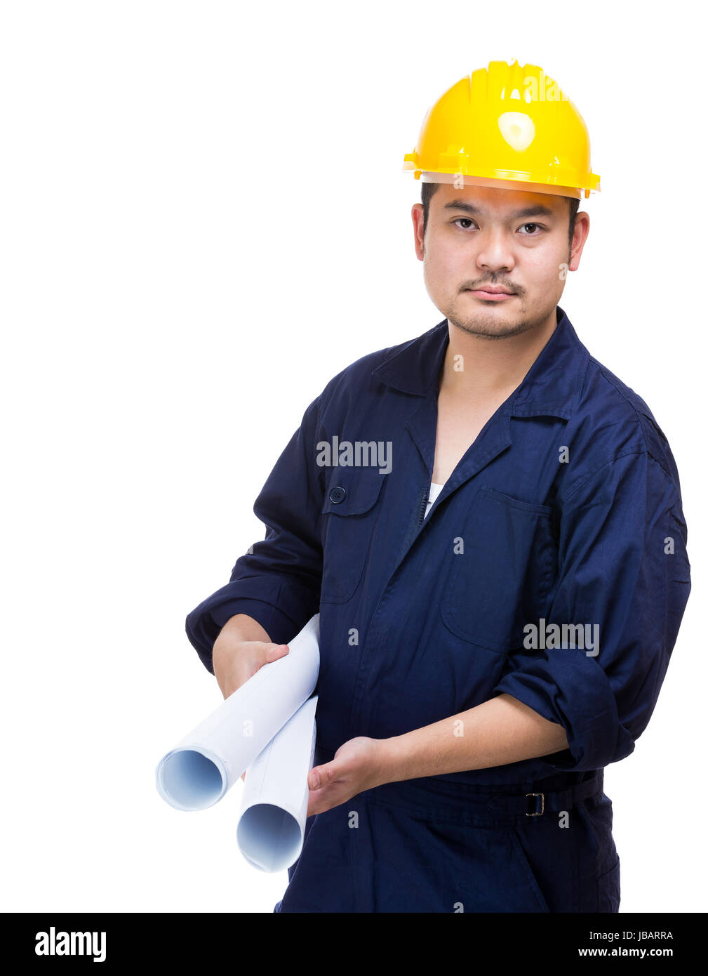 Asia construction worker with blue print Stock Photo - Alamy