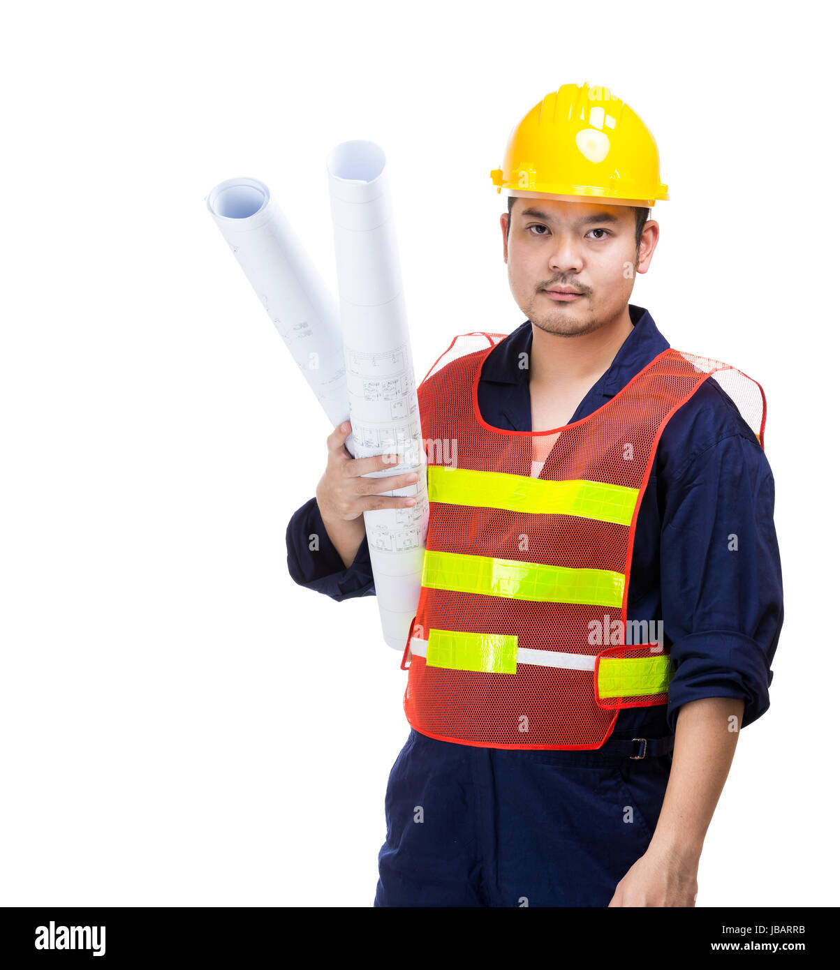 Asia construction worker with blue print Stock Photo - Alamy