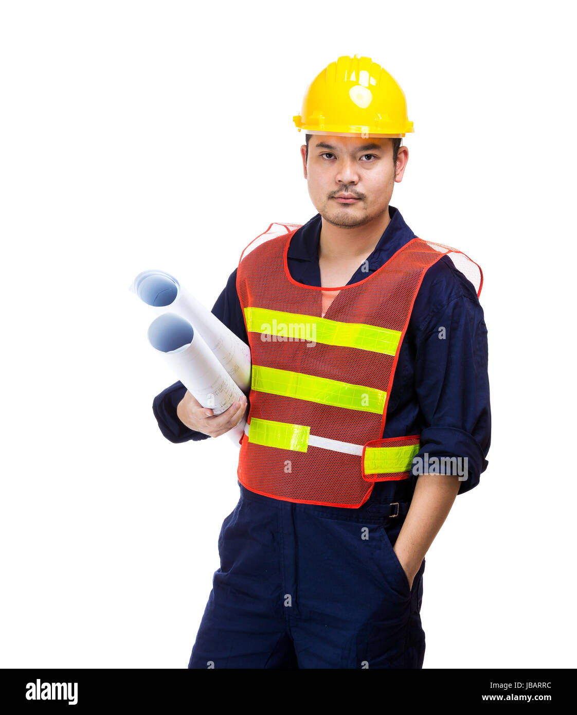Asia construction worker with layout drawing Stock Photo - Alamy