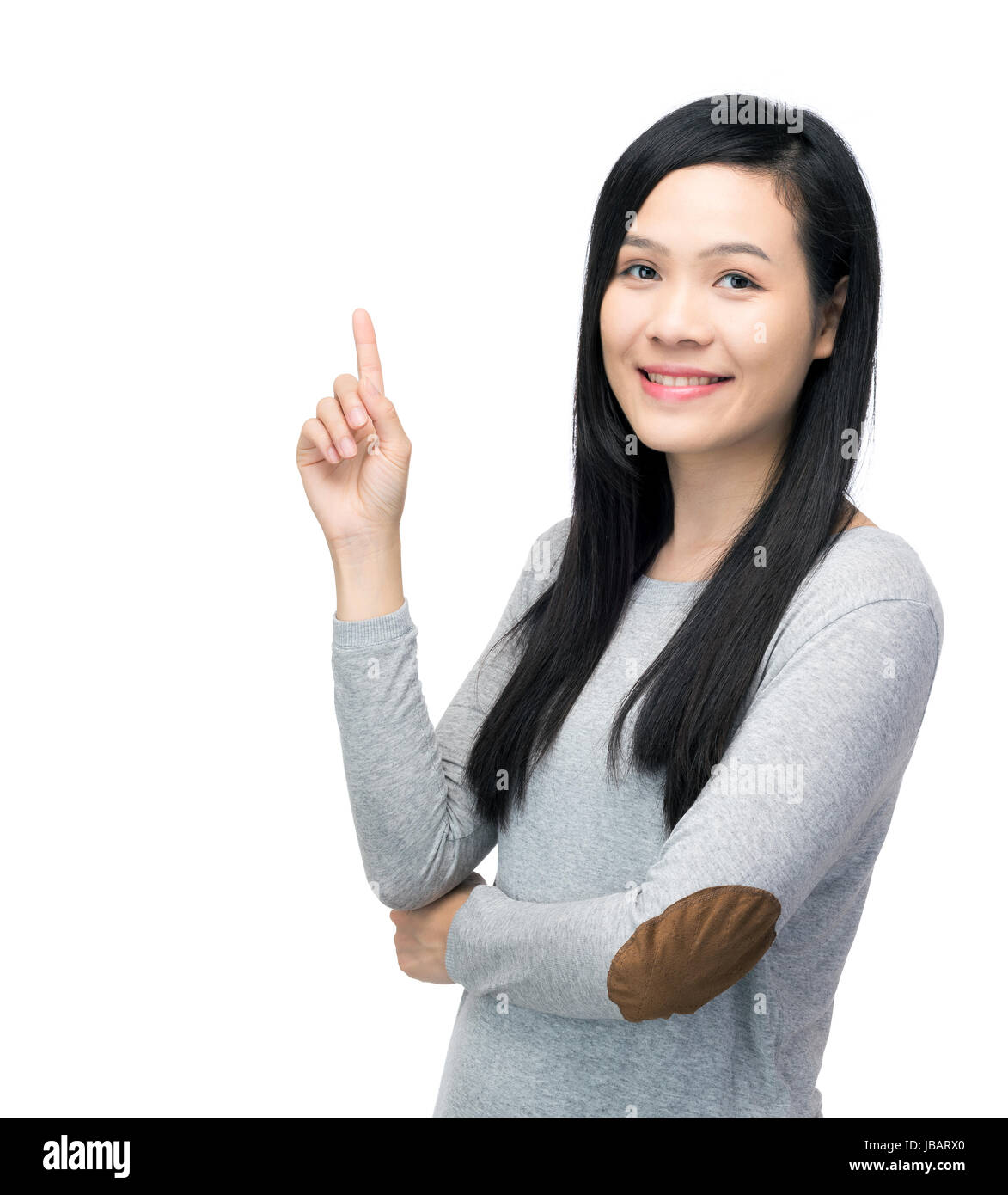 Asia woman pointing up Stock Photo - Alamy