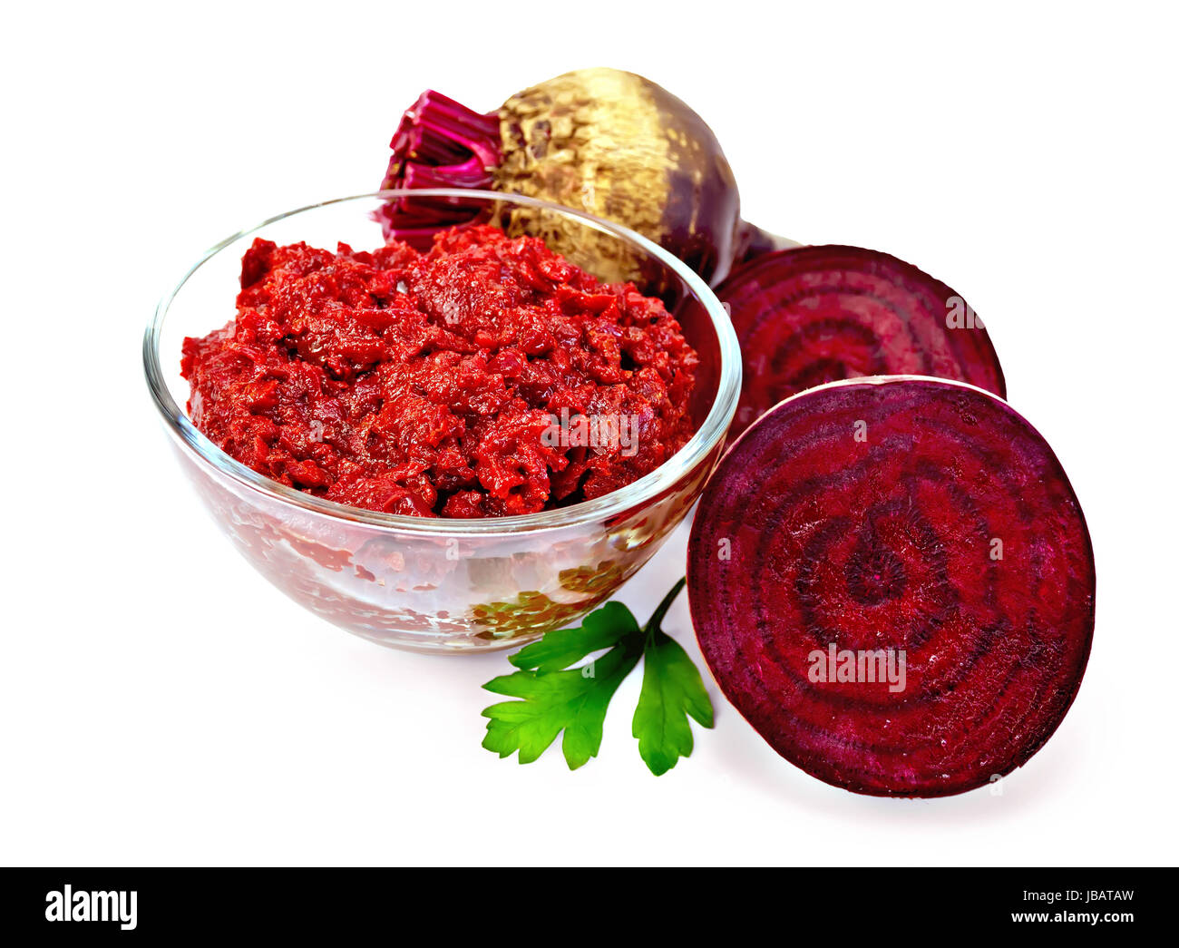 Beet caviar in the glass bowl, beets, parsley isolated on white ...
