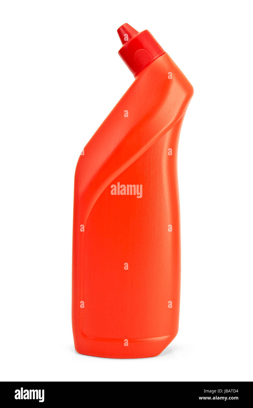 A bottle of red with a detergent or cleanser and a curved lid isolated ...