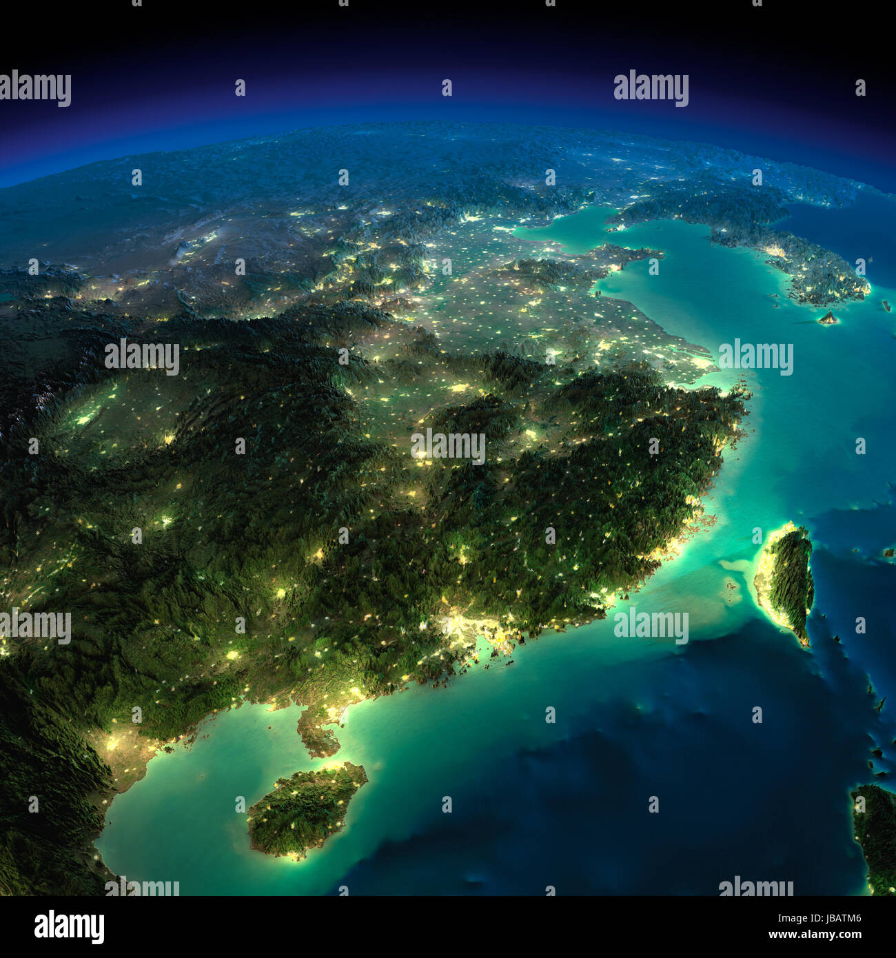 Highly detailed Earth, illuminated by moonlight. The glow of cities ...