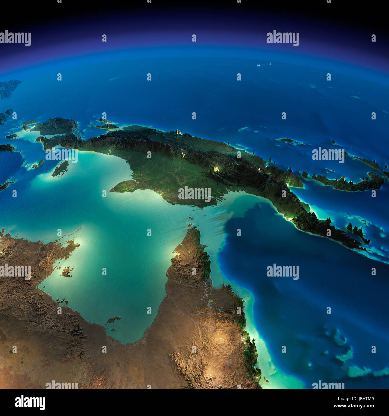 Highly detailed Earth, illuminated by moonlight. The glow of cities ...