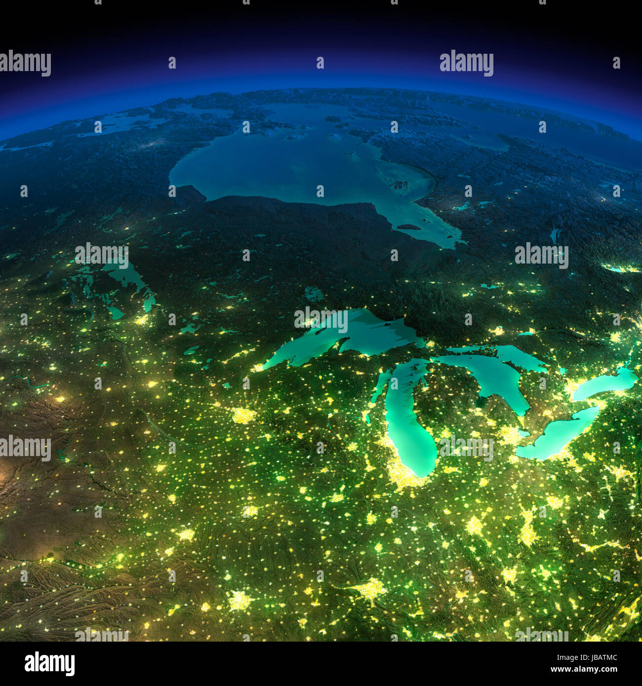 Highly detailed Earth, illuminated by moonlight. The glow of cities ...