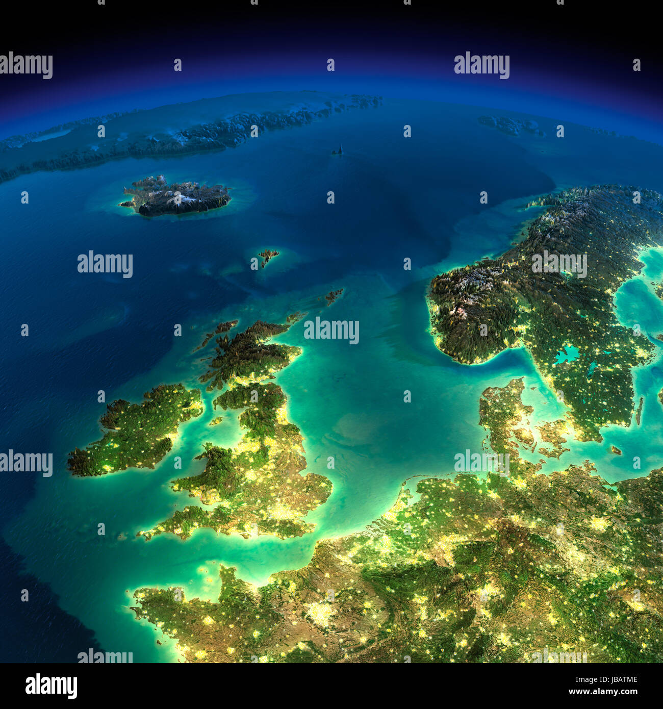 Highly detailed Earth, illuminated by moonlight. The glow of cities ...