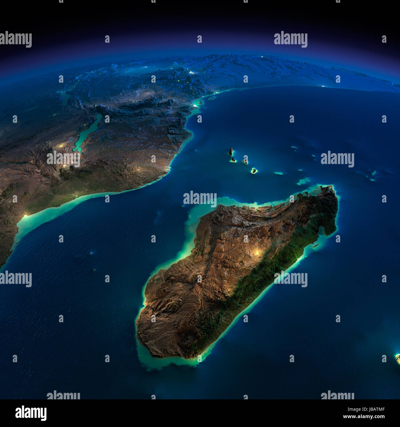 Highly detailed Earth, illuminated by moonlight. The glow of cities ...