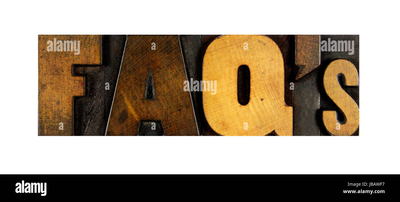 The letters FAQ's written in vintage letterpress type Stock Photo - Alamy