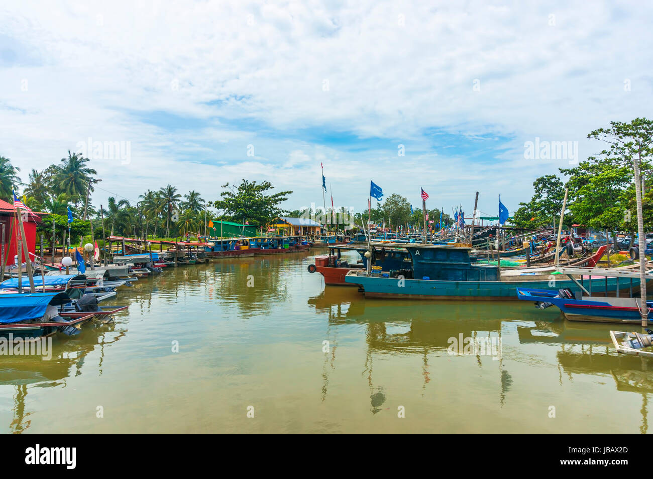 JOHORE, MALAYSIA - 21 DECEMBER 2013 : Boats park at Pantai Leka Jetty ...