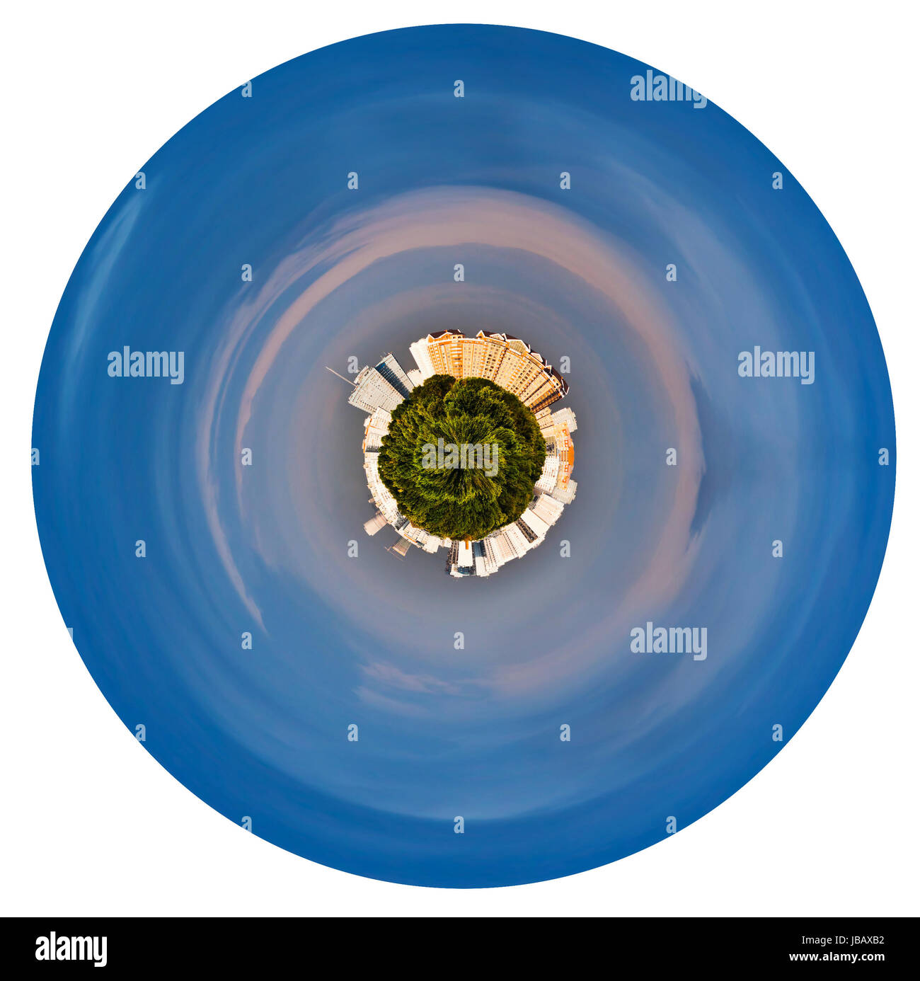 little planet - little green planet with urban houses in dark blue sky ...