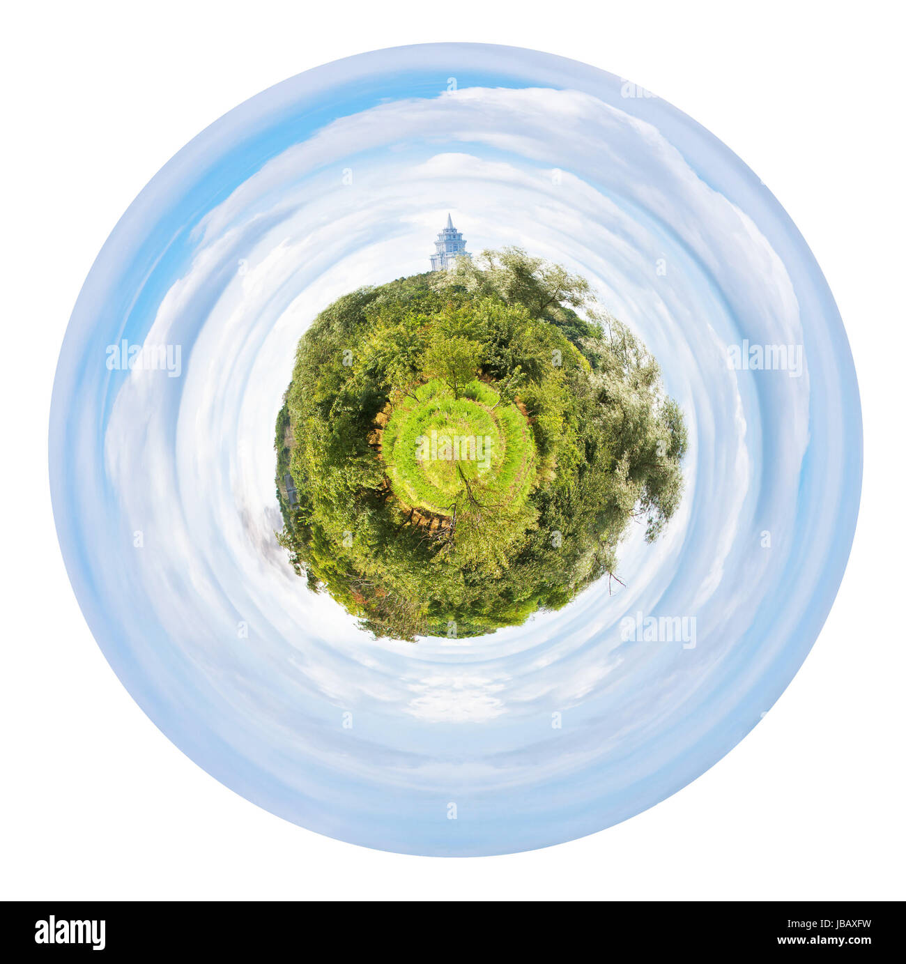 little planet - spherical view of urban apple tree orchard in summer ...