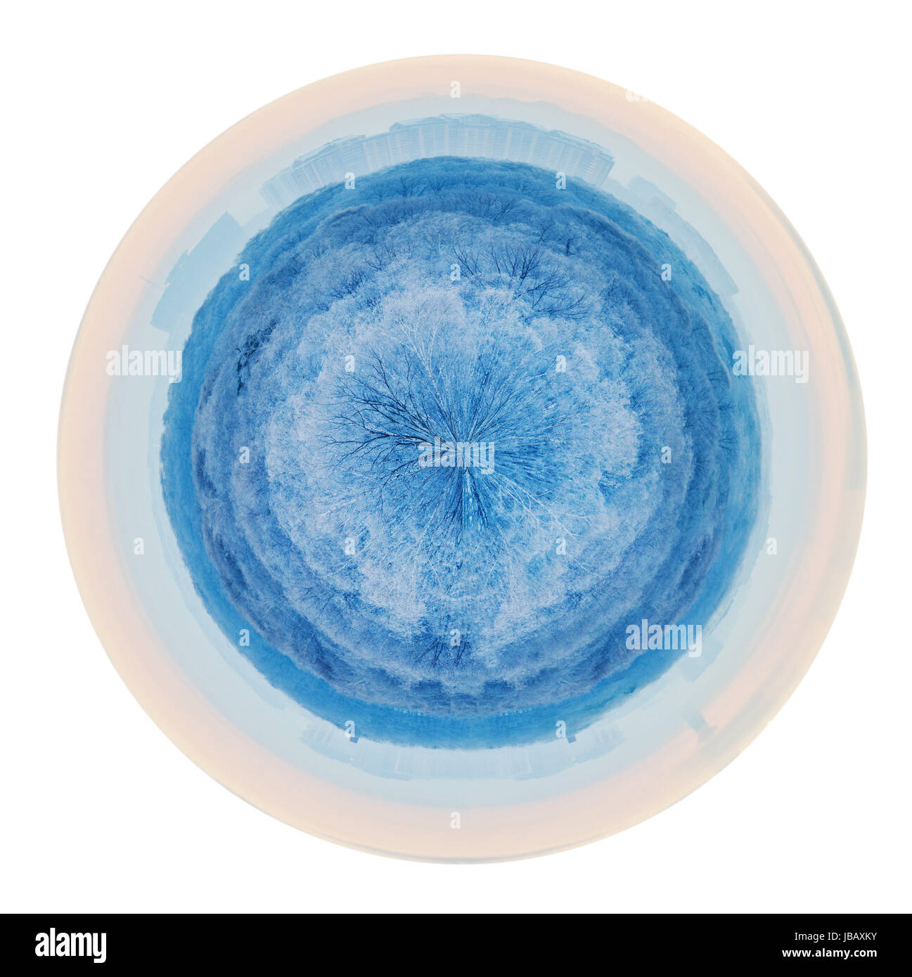 little planet - blue frozen forest on planet and urban houses in cold ...