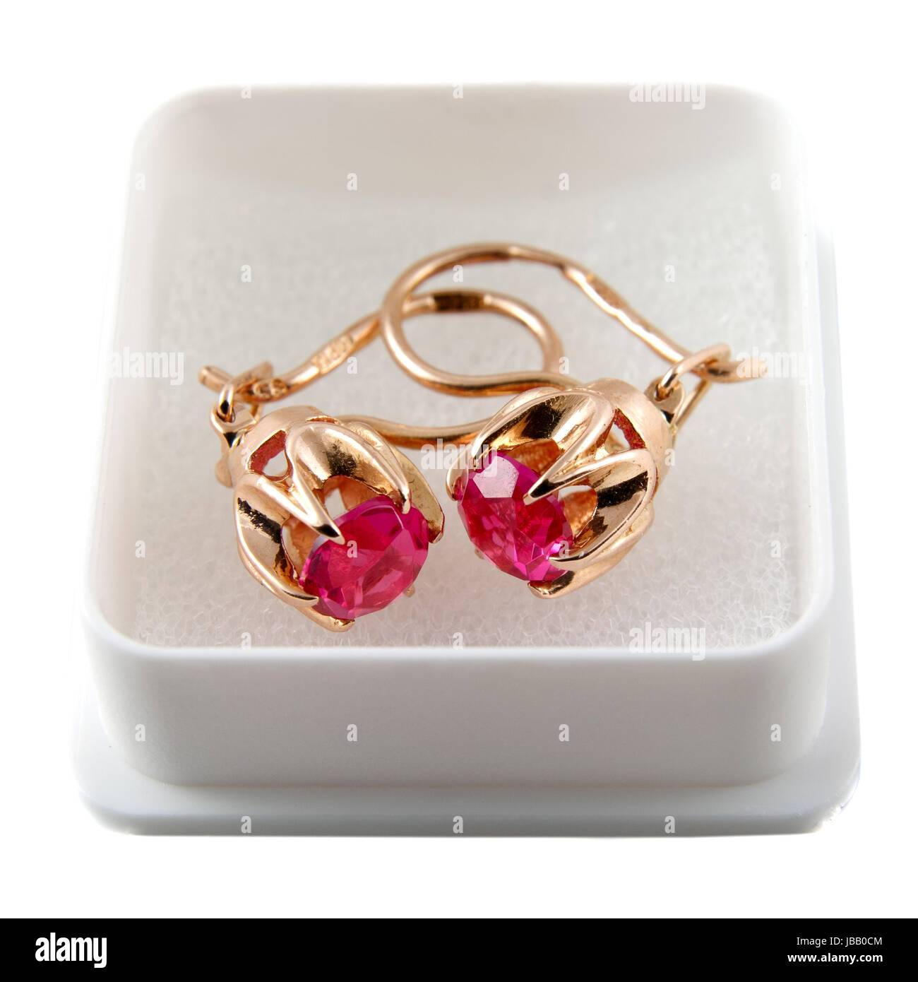 Vintage gold earrings with red ruby in gift box Stock Photo - Alamy