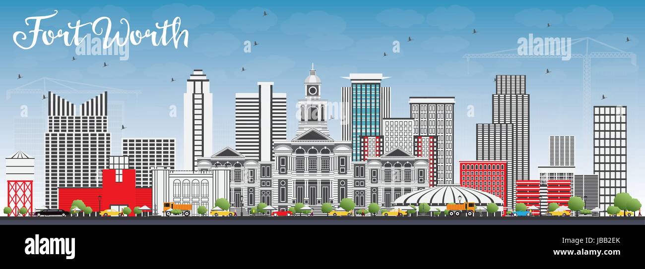 Fort Worth Skyline with Gray Buildings and Blue Sky. Vector ...
