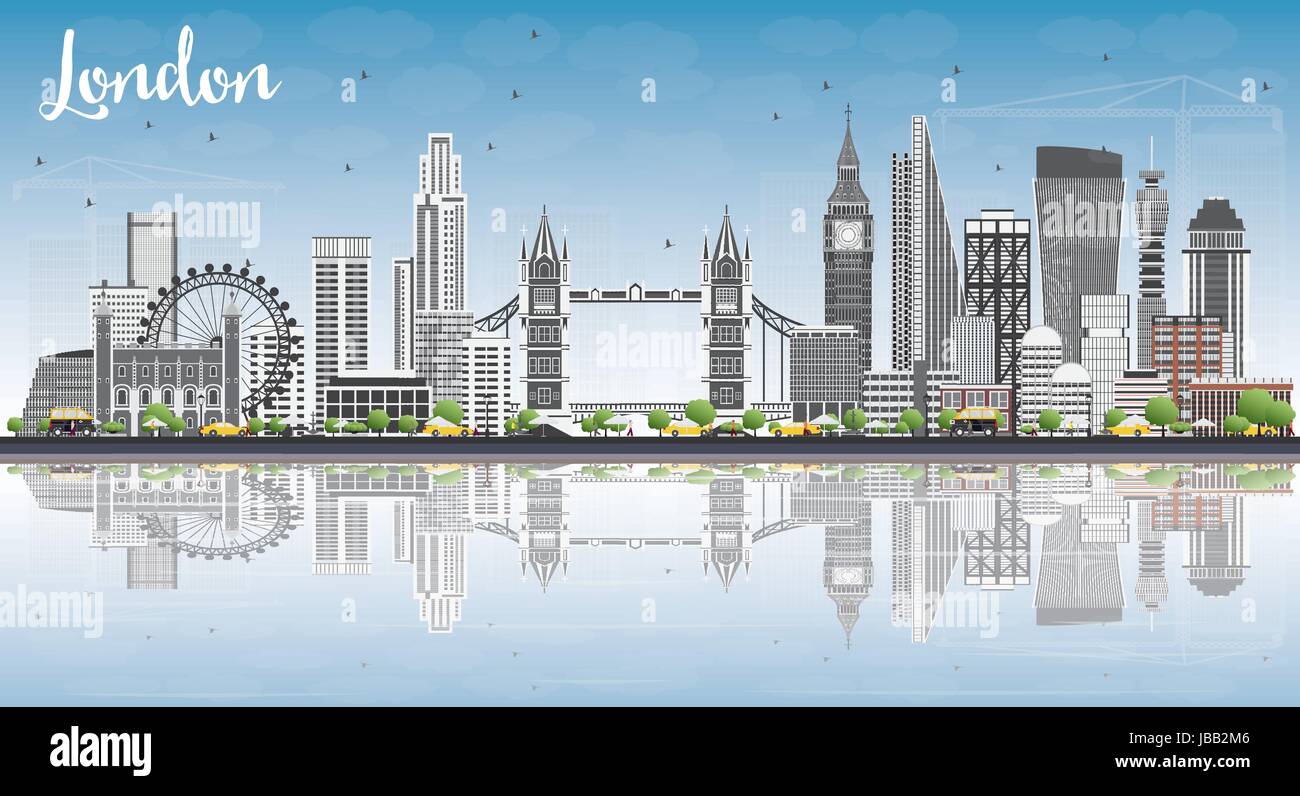 London Skyline with Gray Buildings, Blue Sky and Reflections. Vector ...