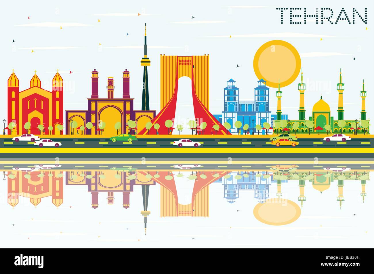 Tehran Skyline with Color Landmarks, Blue Sky and Reflections. Vector ...