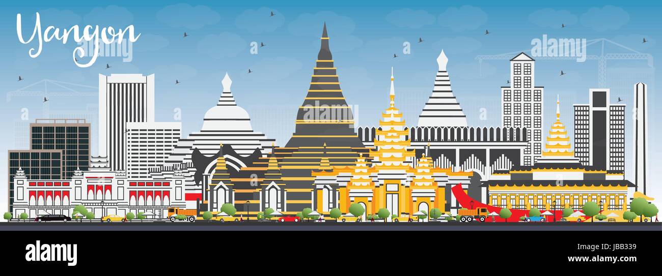 Yangon Skyline with Gray Buildings and Blue Sky. Vector Illustration ...