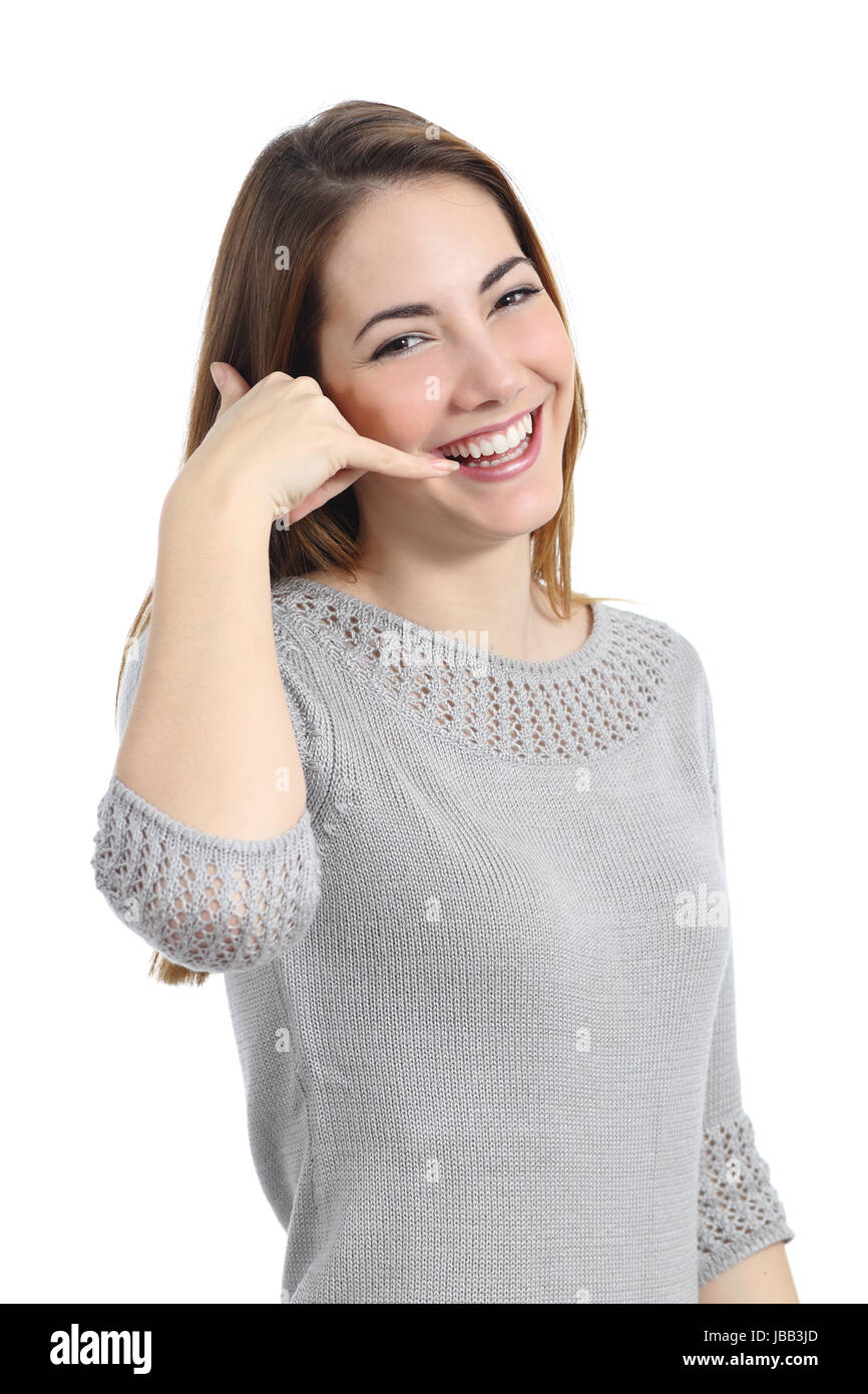 Beautiful woman gesturing call me isolated on a white background Stock ...