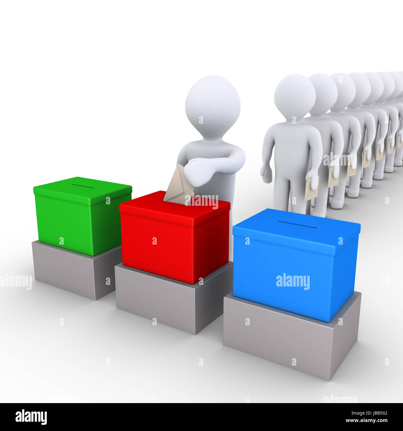 3d people in a row are choosing among three ballot boxes to vote Stock ...