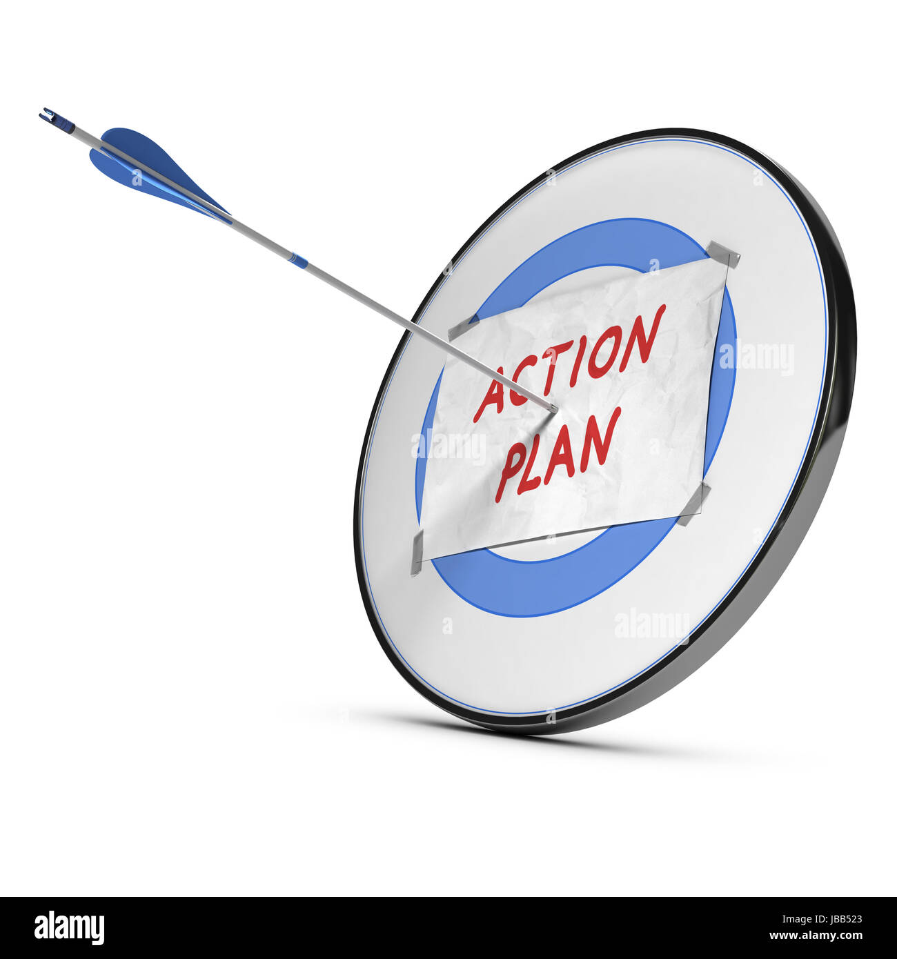 Action plan text handwritten on a sheet of paper fixed onto a blue ...
