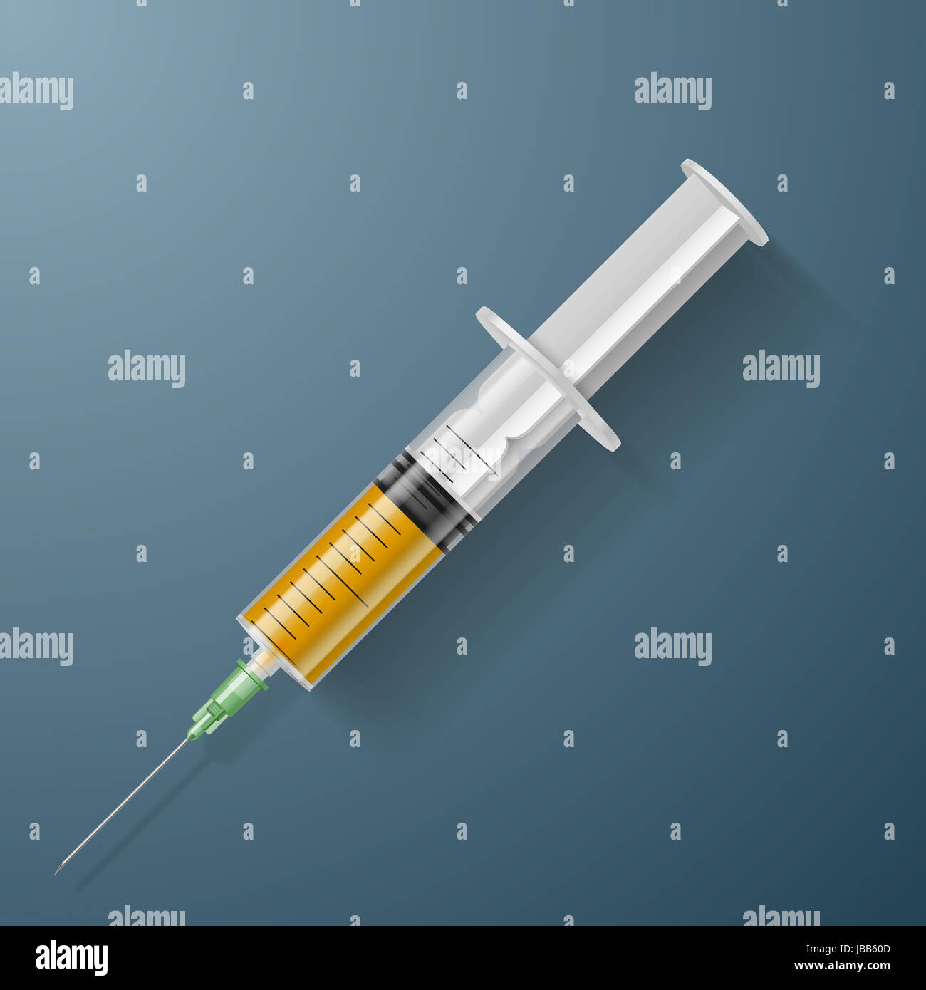 Medical syringe with yellow liquid on blue background Stock Photo - Alamy