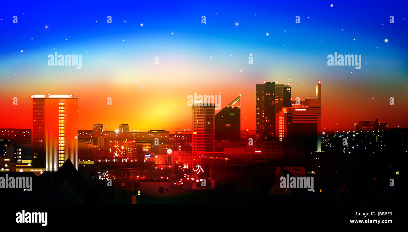 abstract nature red blue background with city and sunrise Stock Photo ...