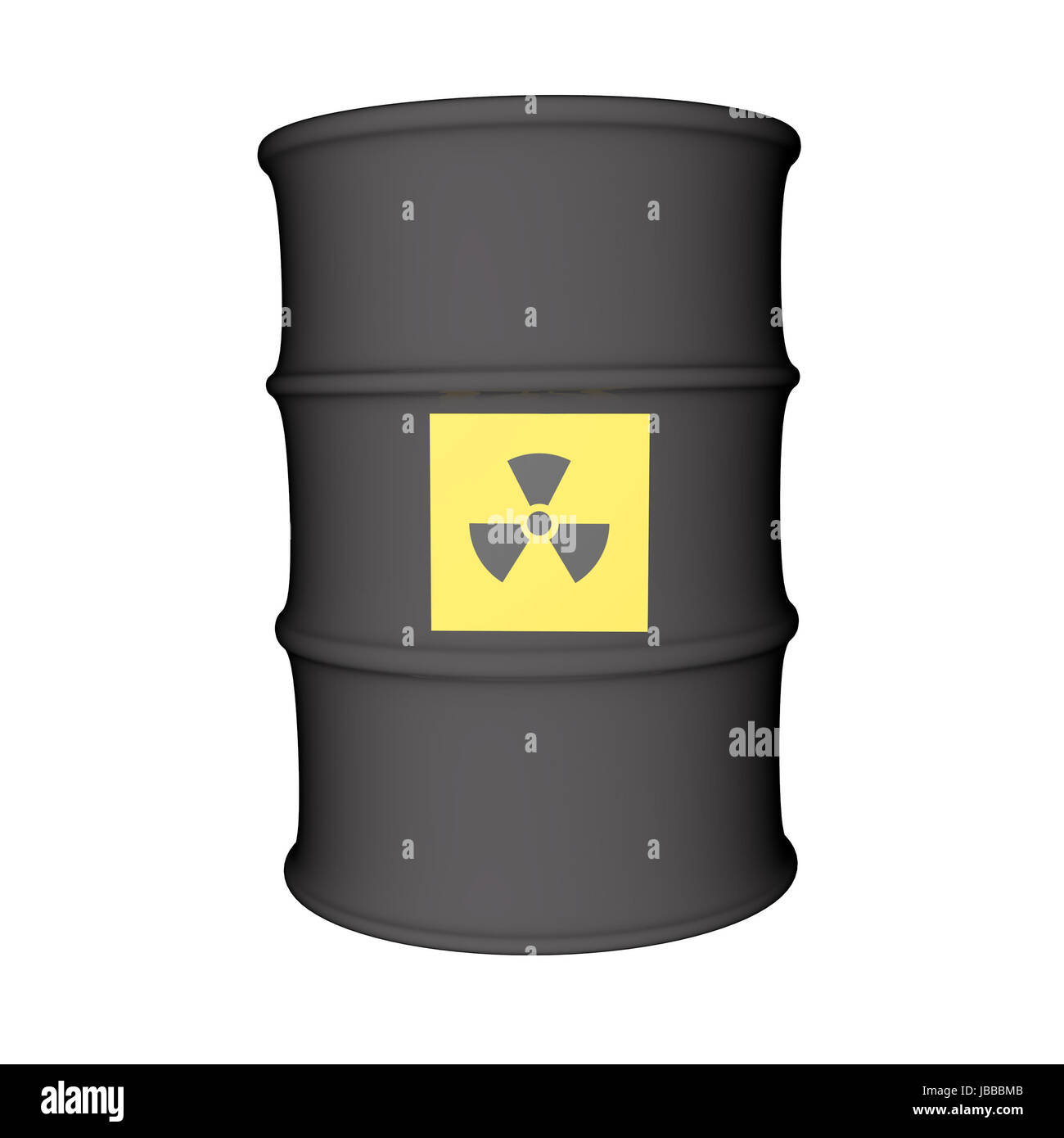 Nuclear danger symbol over metal barrel, isolated over white, 3d render ...