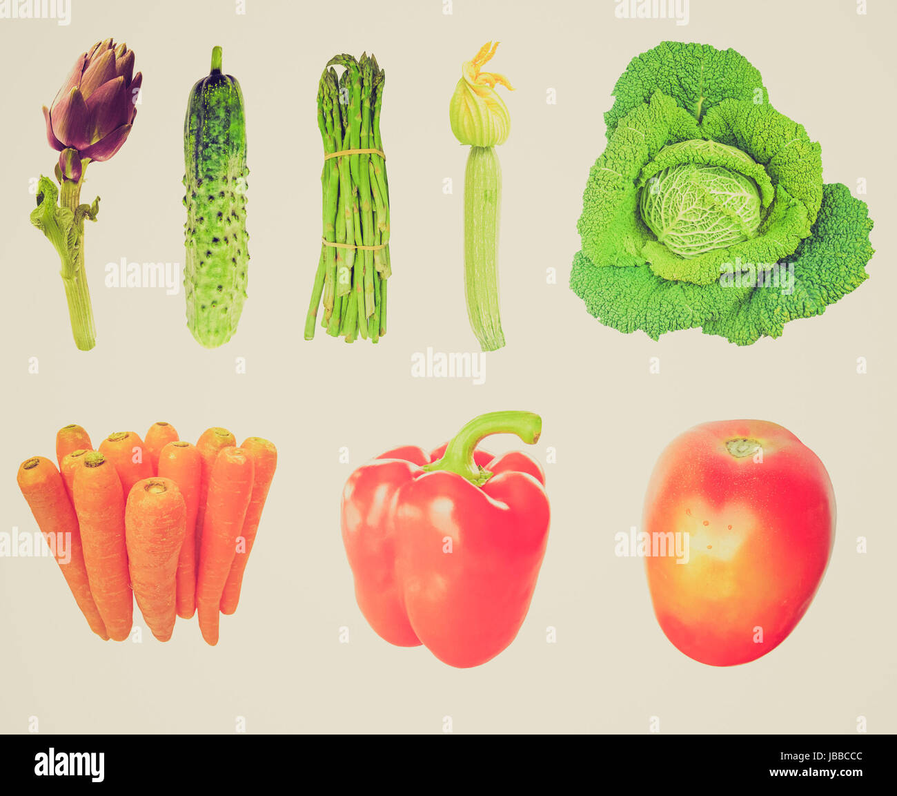 Vintage retro looking Vegetables isolated over white including ...