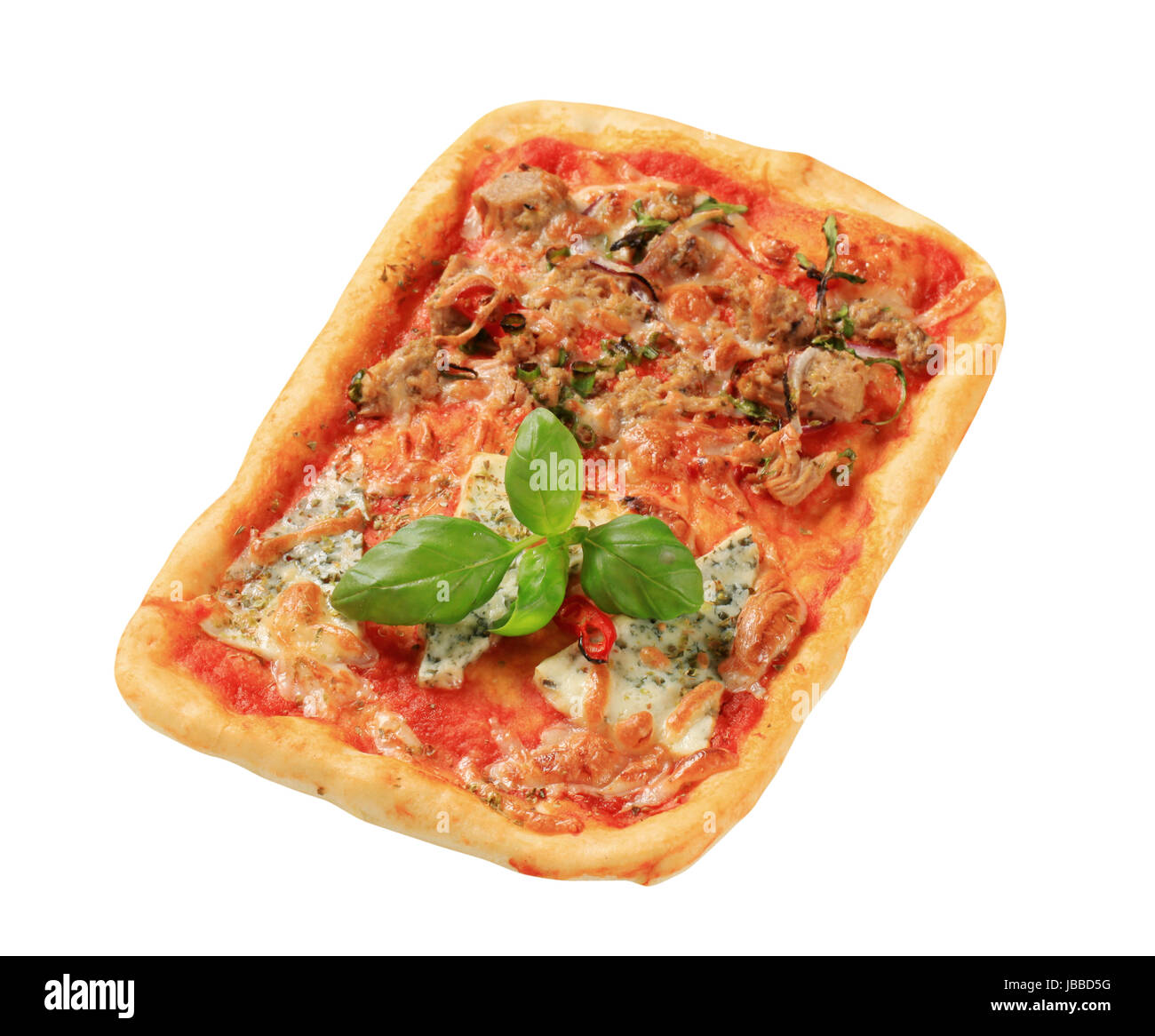 Rectangular pizza topped with blue cheese and tuna Stock Photo - Alamy
