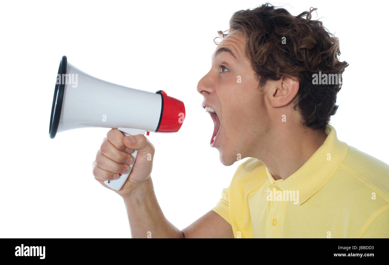 Young man with megaphone isolated on white background Stock Photo - Alamy