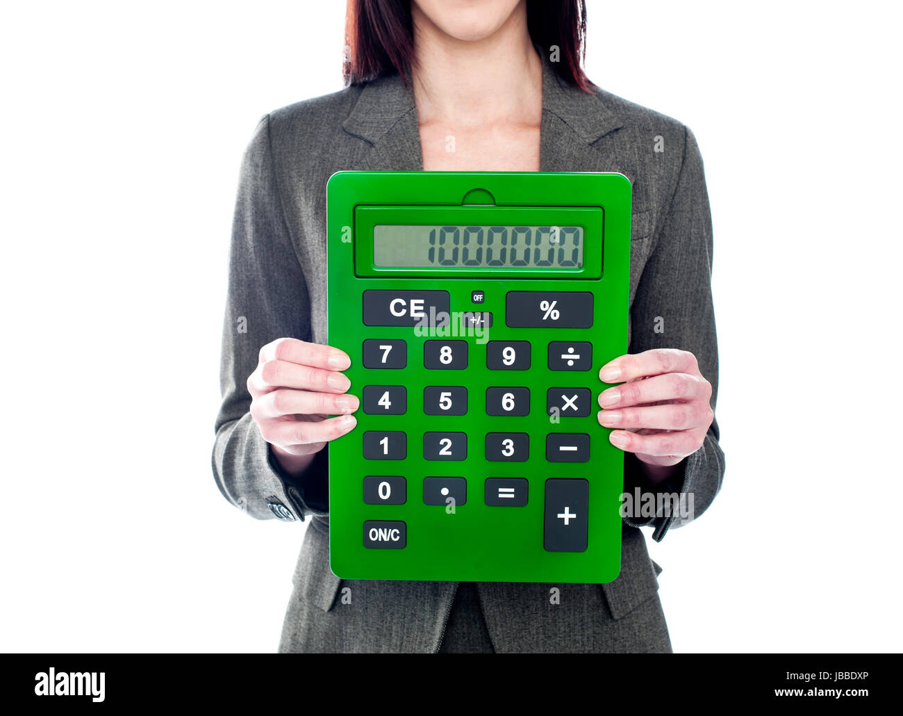 Business woman holding calculator. Focus on calculator. All on white ...