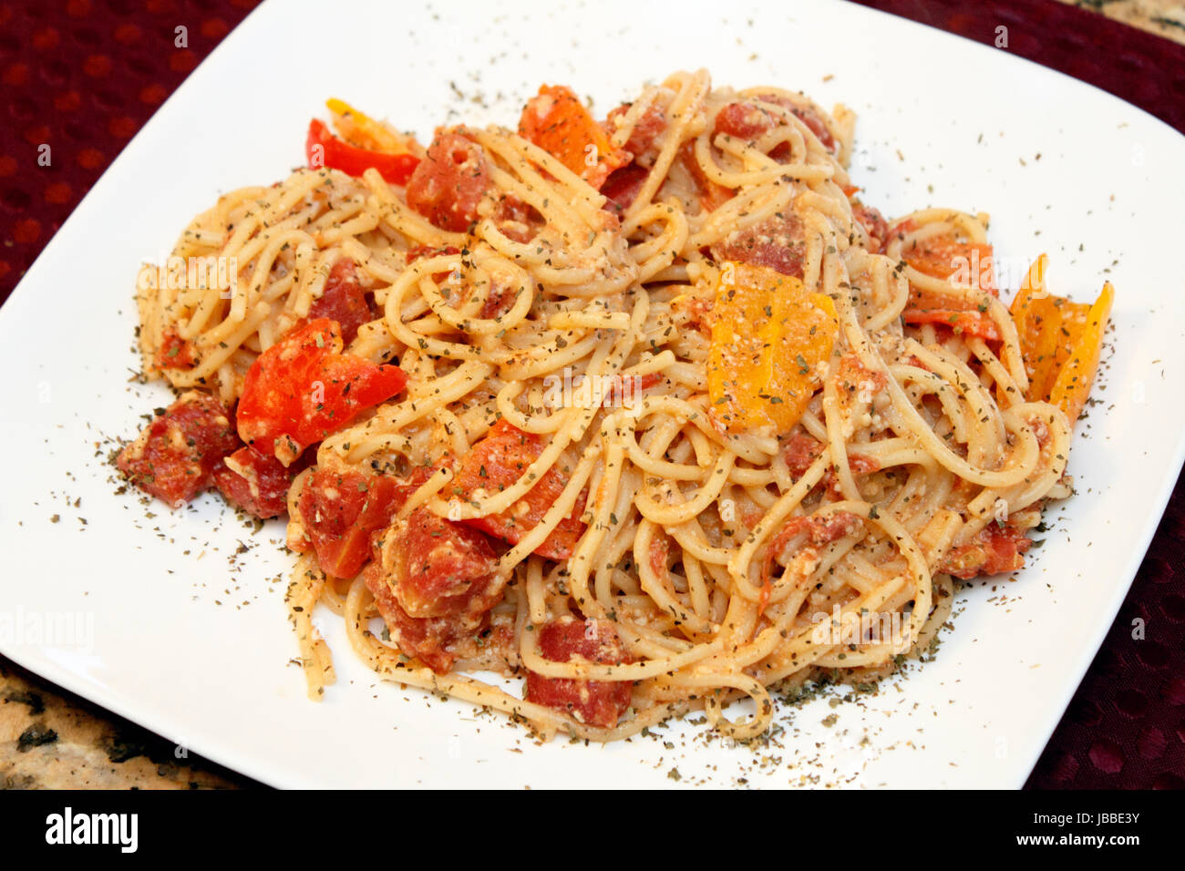 Healthy prepared durum wheat semolina spaghetti mixed with chopped ...