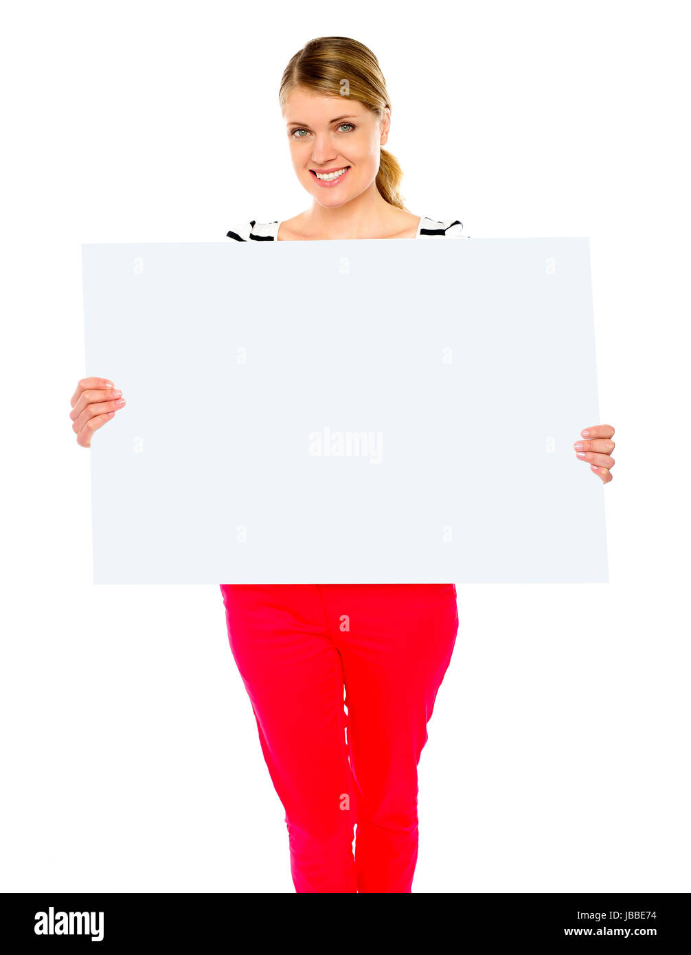 Pretty lady displaying blank placard against white background Stock ...