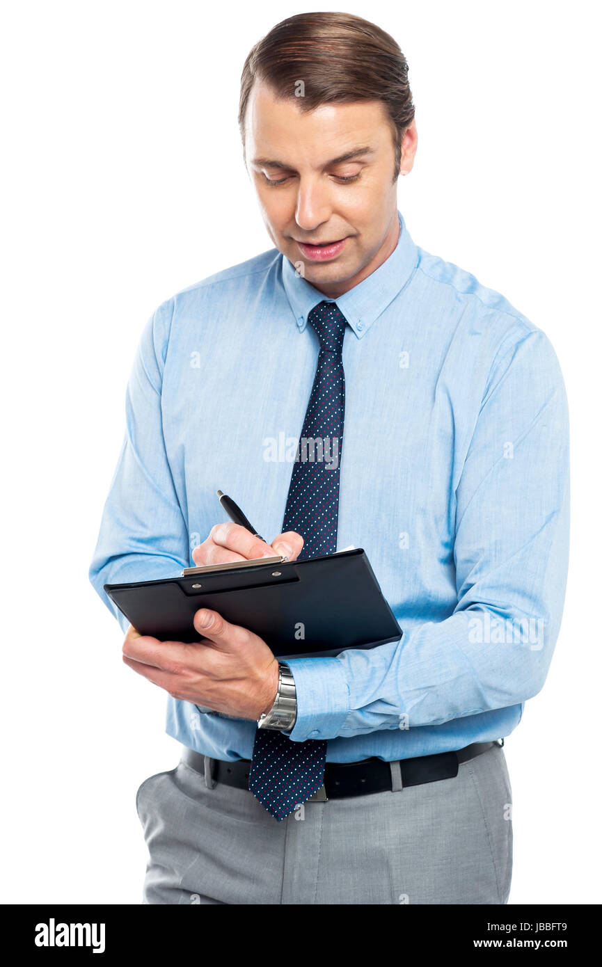 Male secretary taking down notes given by boss. All on white background ...