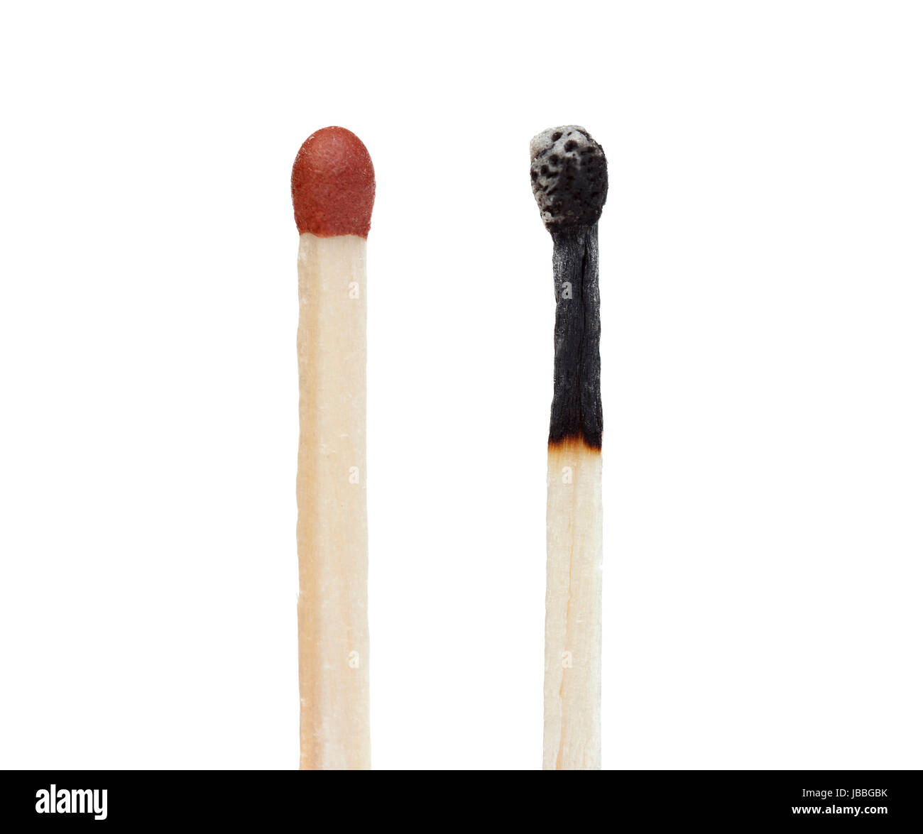 Two matches a burned and other unburned isolated on a white background ...