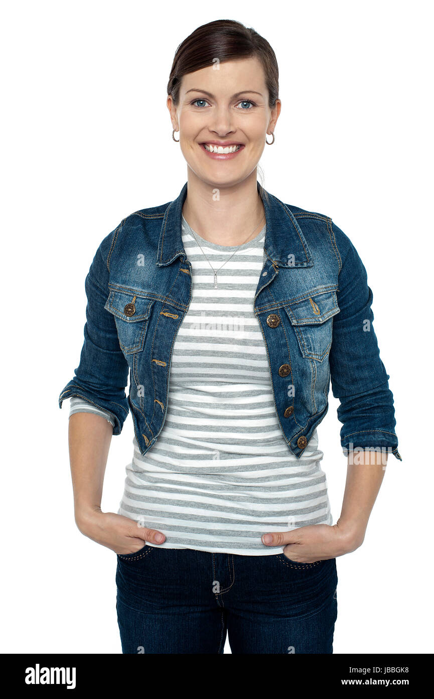 Half profile shot of a gorgeous middle aged woman in trendy clothes ...