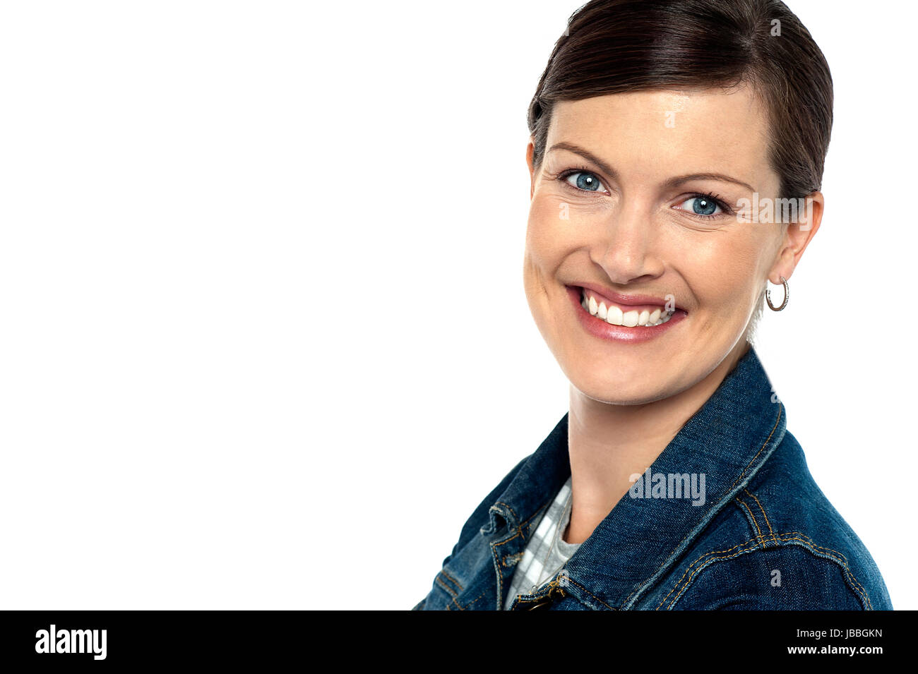 Woman looking up left smile hi-res stock photography and images - Alamy