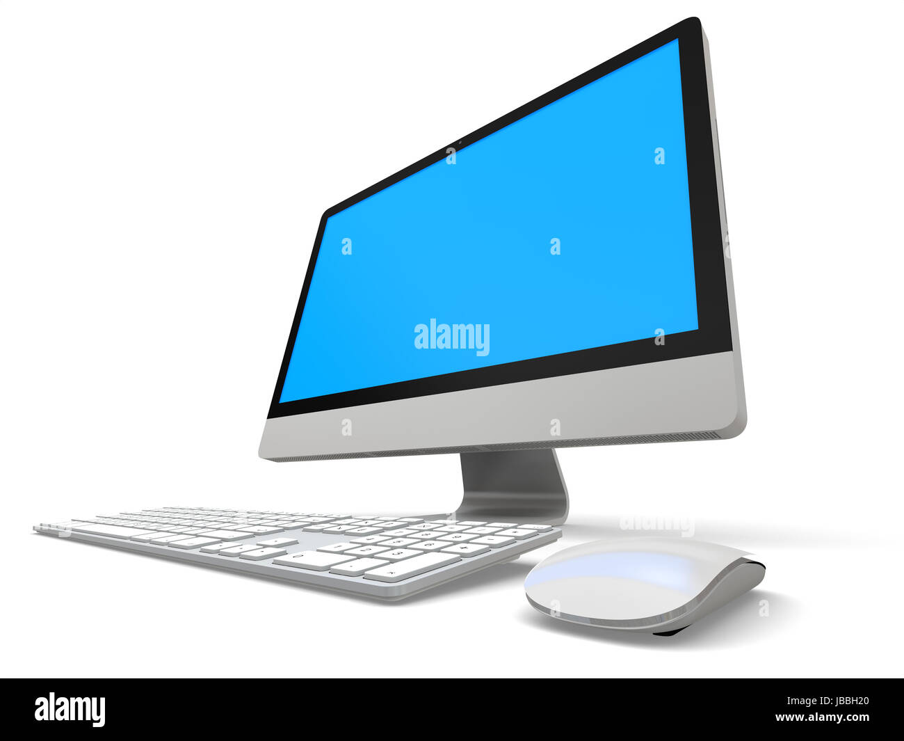 Modern desktop computer with blue screen isolated on white background ...