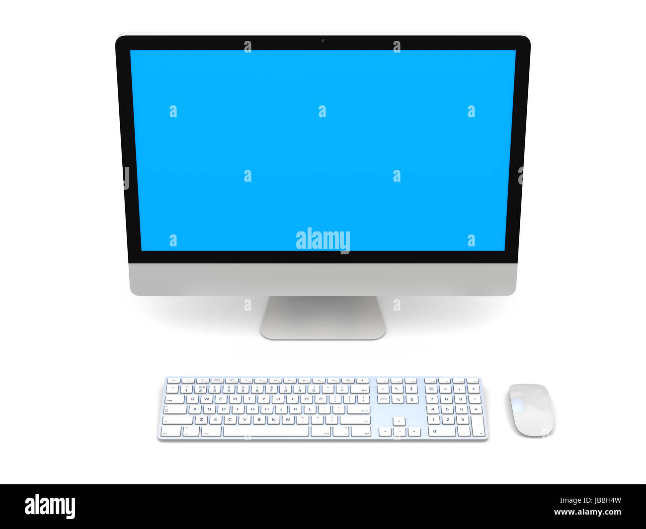 Modern desktop computer with blue screen isolated on white background ...