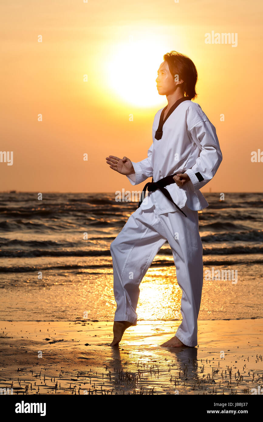 Martial arts man training taekwondo at sunset Stock Photo - Alamy