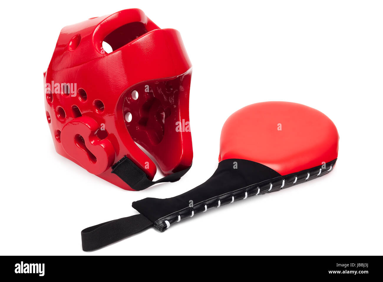 Taekwondo head guard and kicking target pad on white background Stock ...