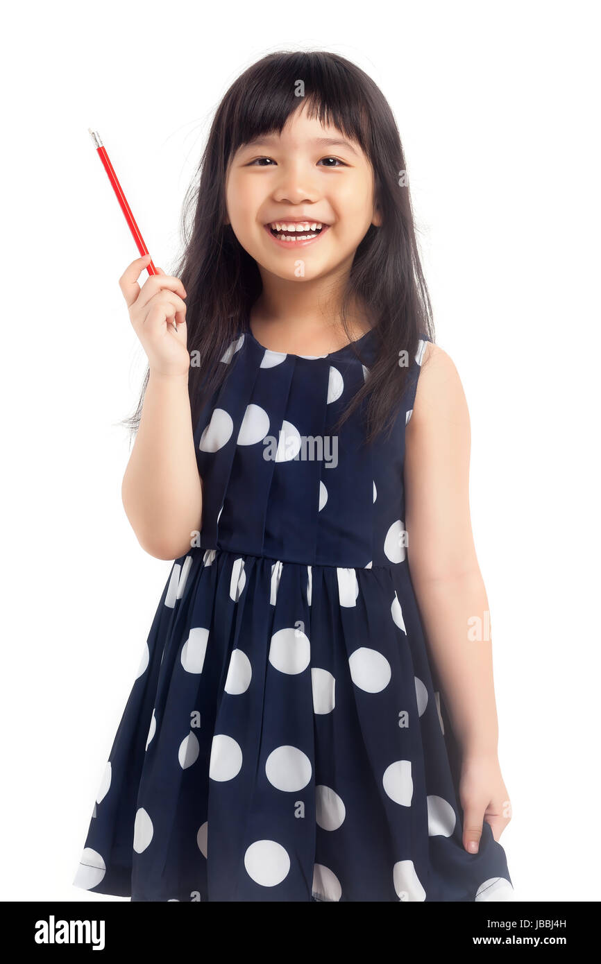 Little girl laughing holding pencil isolated on white background Stock ...
