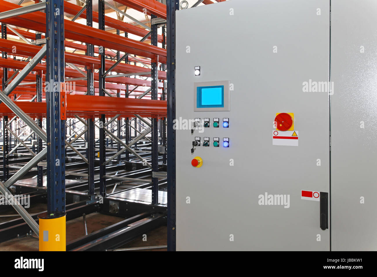 Control box of mobile shelving system in warehouse Stock Photo - Alamy