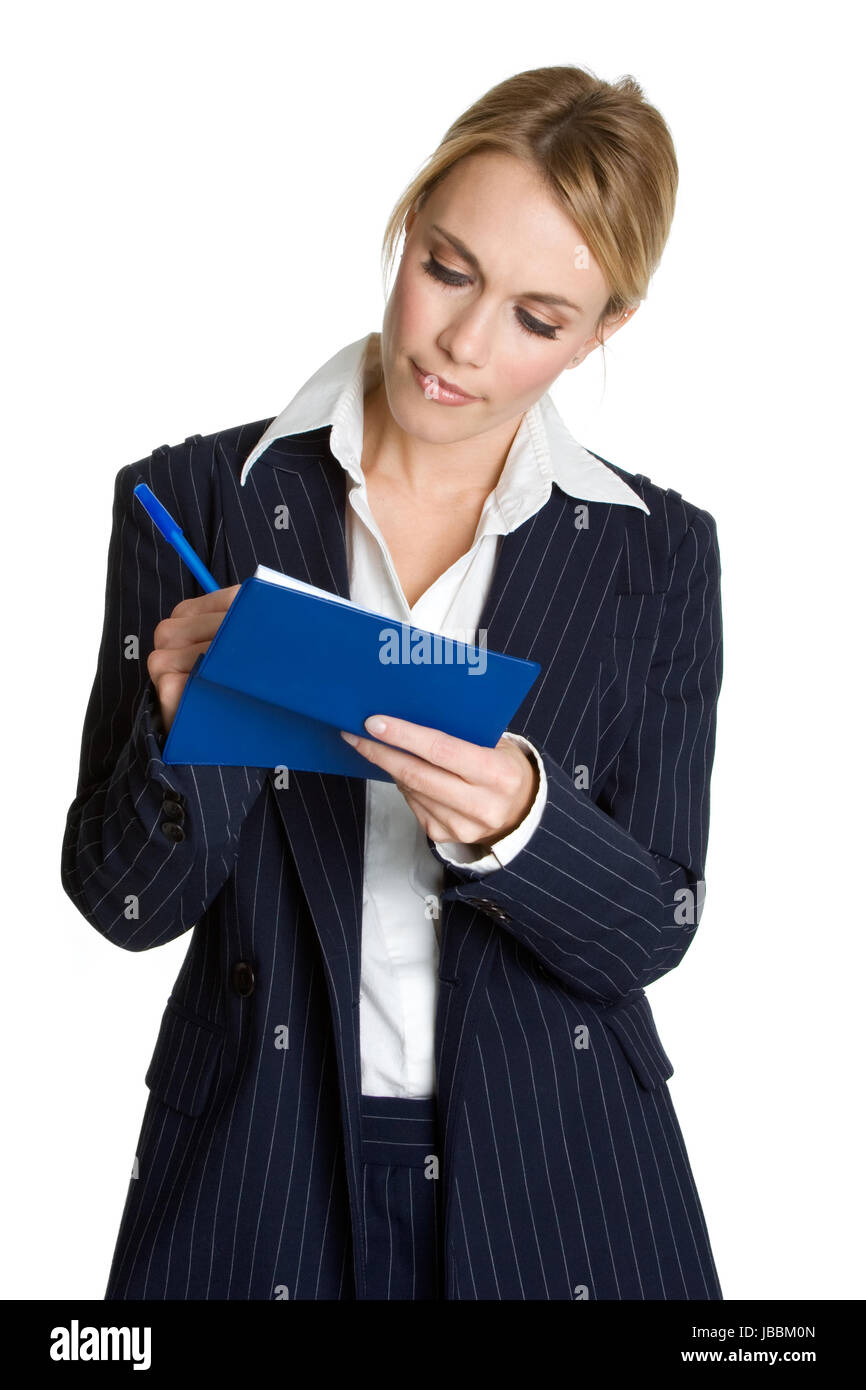 Isolated business woman writing check Stock Photo - Alamy